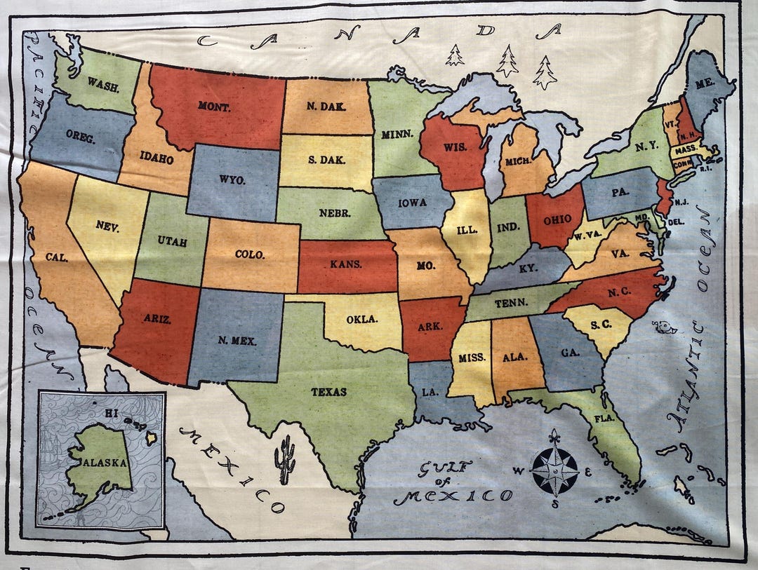 Old SCHOOL MAP 24" PANEL Fabric - 100% Cotton Quilt Fabric - Riley ...