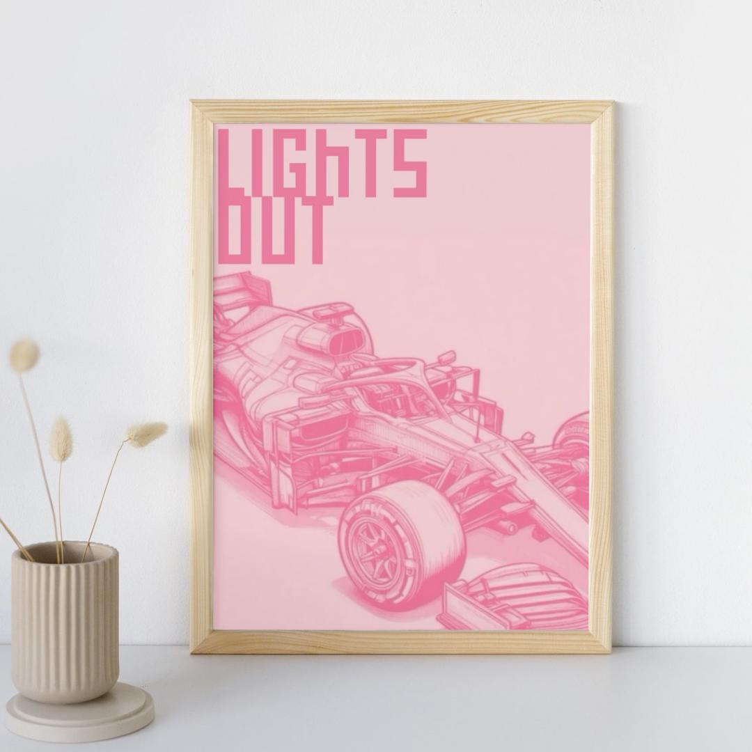 Pink F1 Poster, Lights Out Print Wall Art, Formula One Motorsport ...