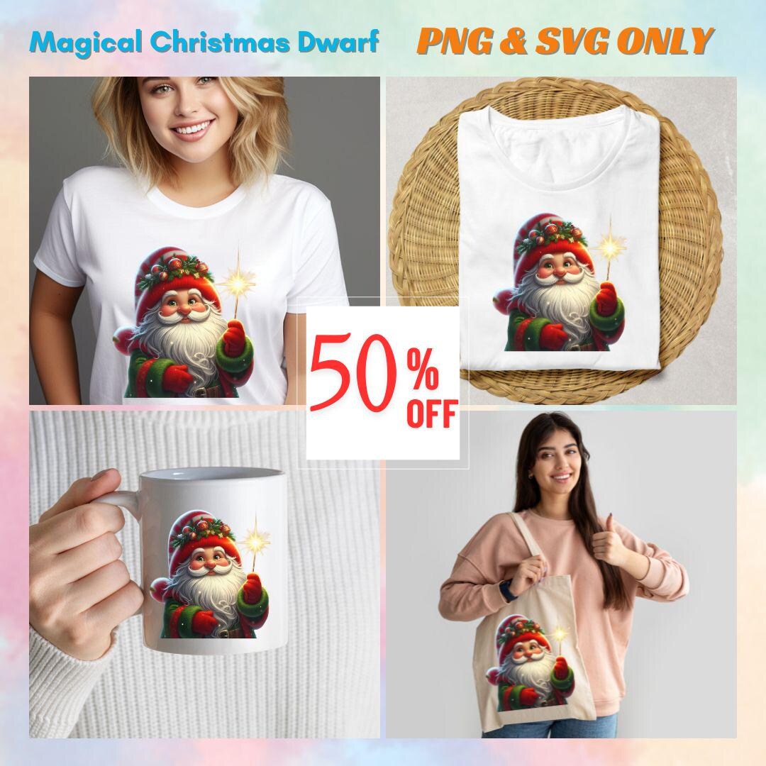 Magical Christmas Dwarf Clipart, Santa Hat & Glowing Wand, Festive ...