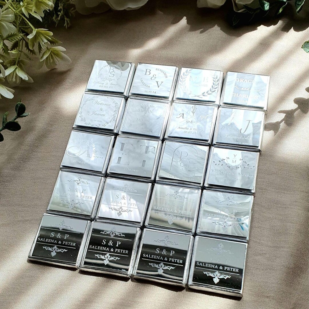 50 Mirror Chocolate Personalised Wedding Favour Gift Silver and Gold ...
