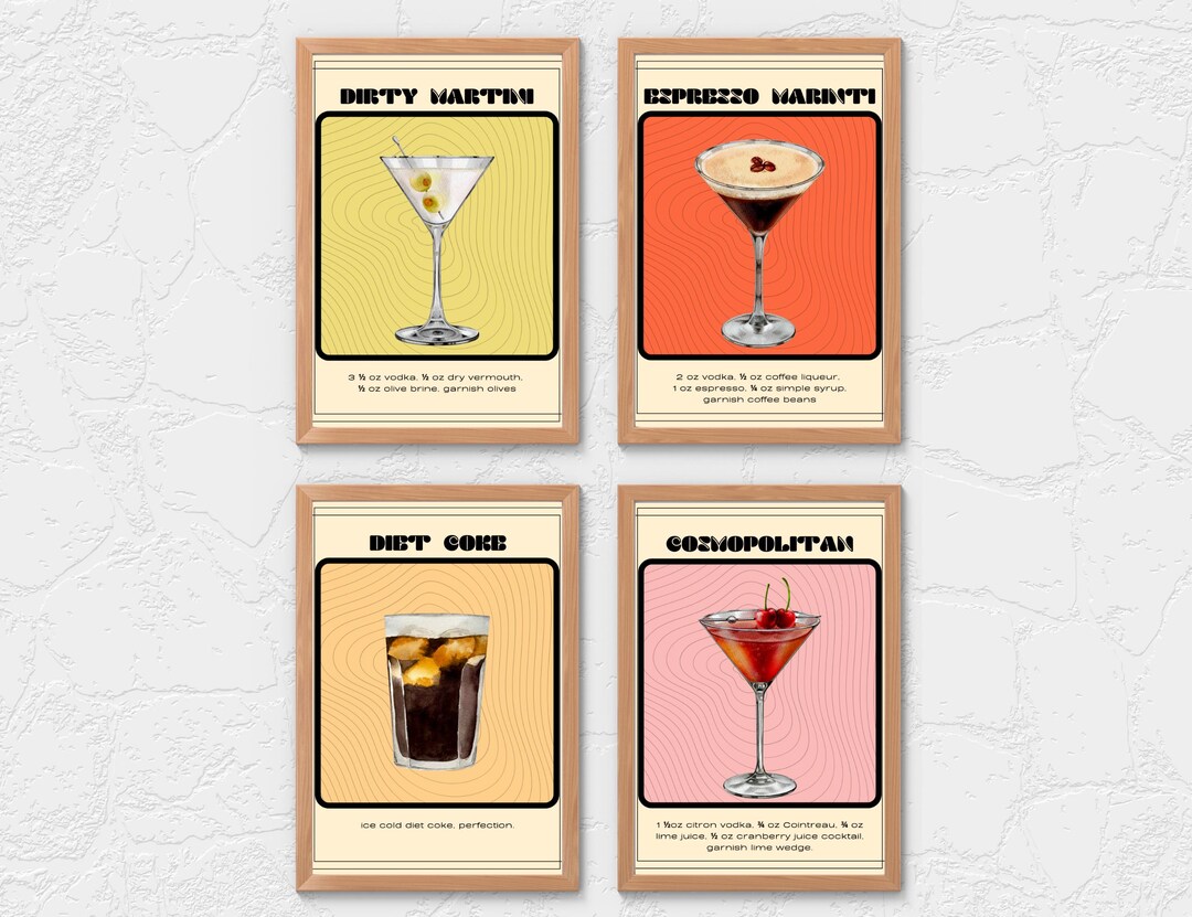 4 Drink Posters Diet Coke, Cosmo, Espresso Martini Cocktail Poster ...
