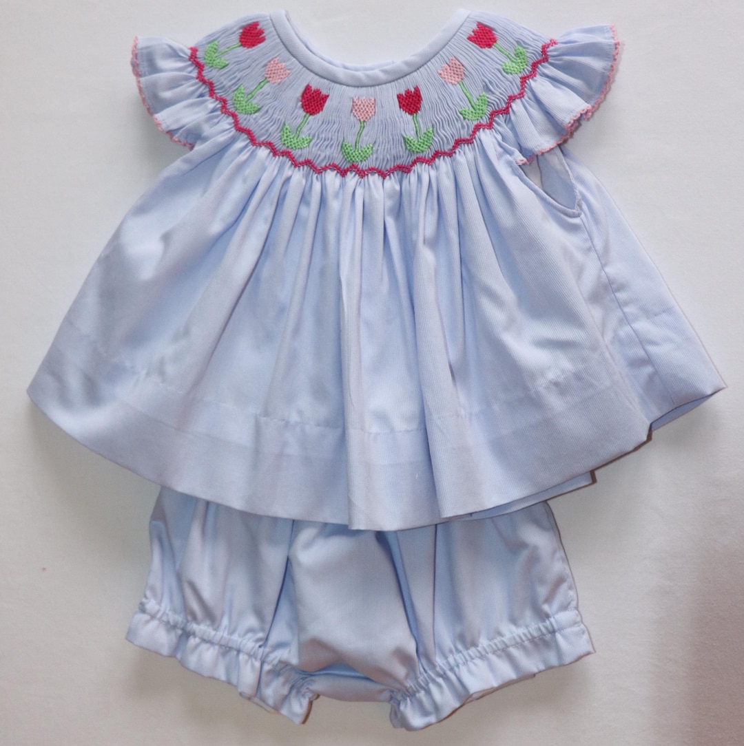 Blue Smocked Baby Set With Tulip Embroidery - Etsy