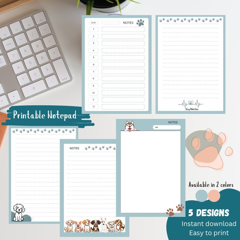 Printable Notepad, Dog Themed Notepad, Pastel Colors, Minimalist, Memo ...