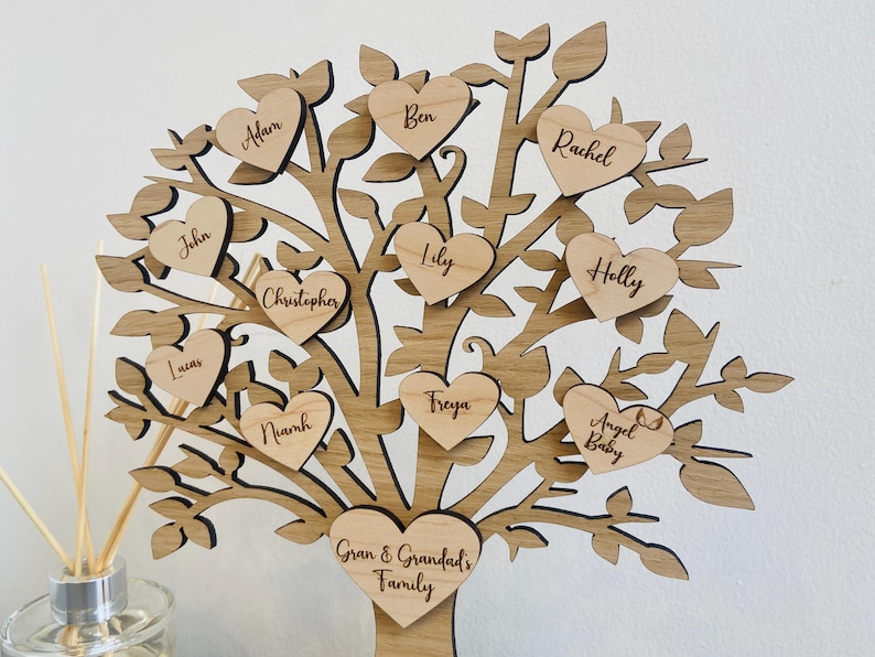 Personalised Wooden Family Tree, Free Standing Tree With Hearts, Mother ...