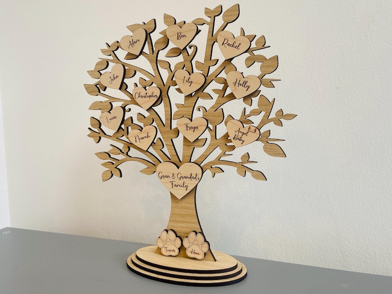 Personalised Wooden Family Tree, Free Standing Tree With Hearts, Mother ...