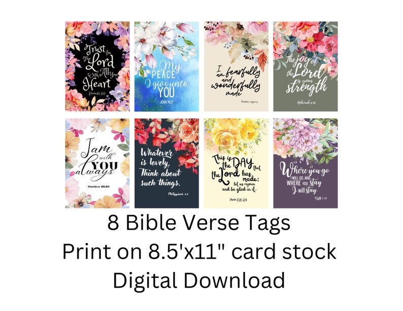 8 Printable BIBLE VERSES TAGS Scripture Art, Eight 2.5x3.5 Size Cards ...