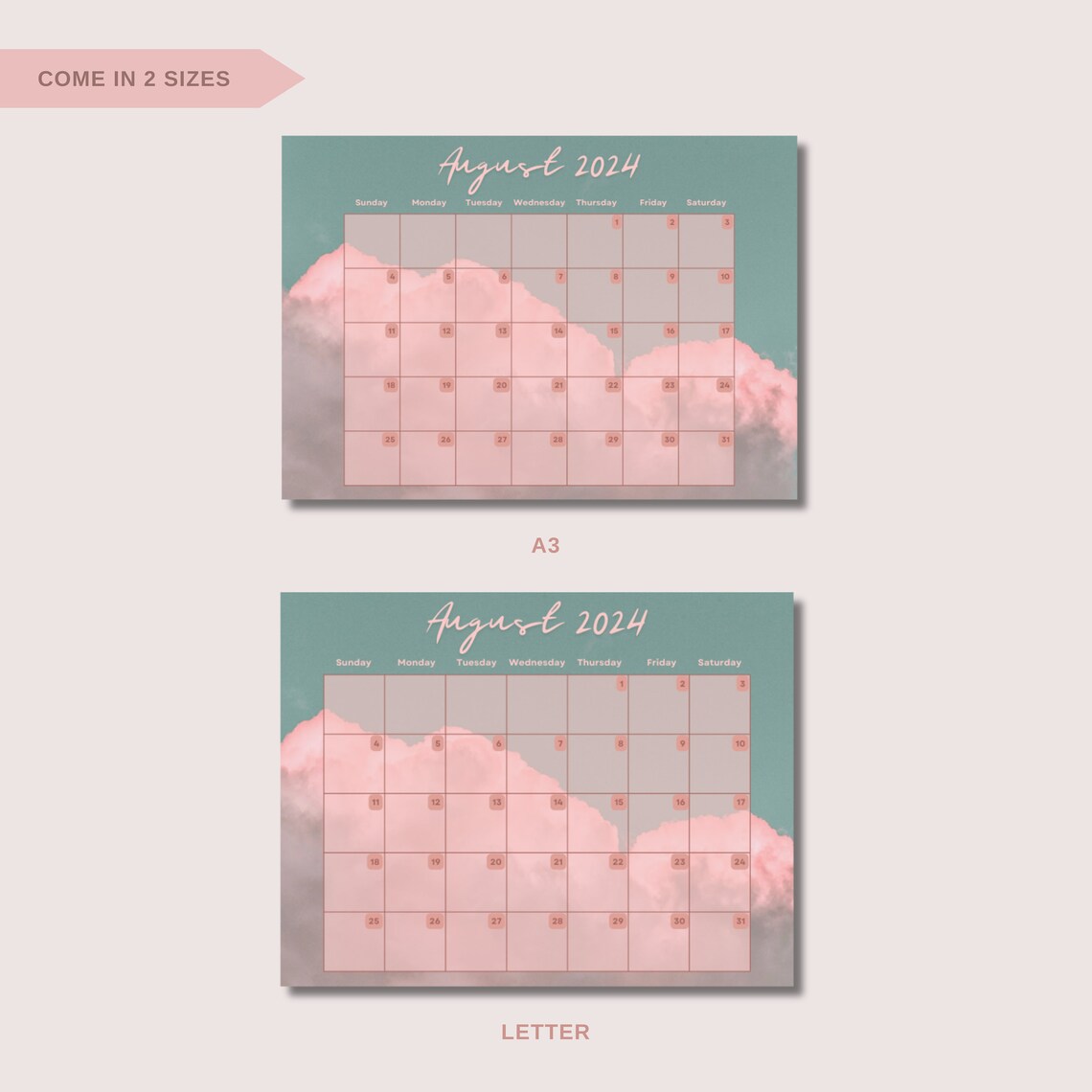 August 2024 Calendar | Printable and Digital | Sunset Sky | Instant ...