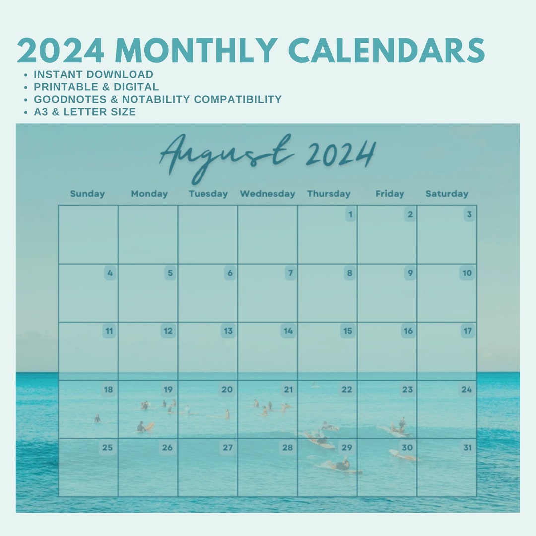 August 2024 Calendar | Printable and Digital | Beach Theme | Instant ...