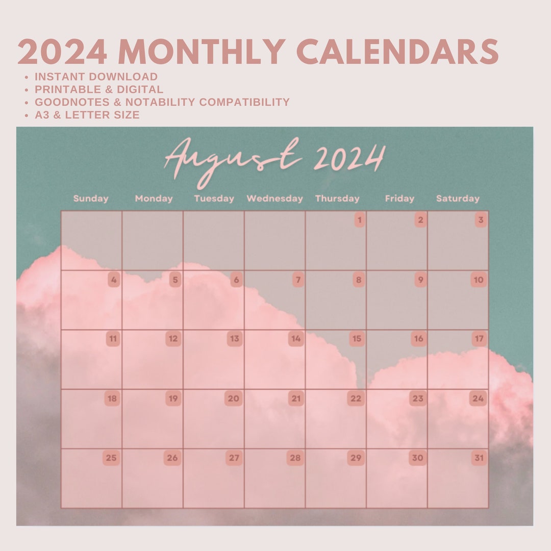 August 2024 Calendar | Printable and Digital | Sunset Sky | Instant ...