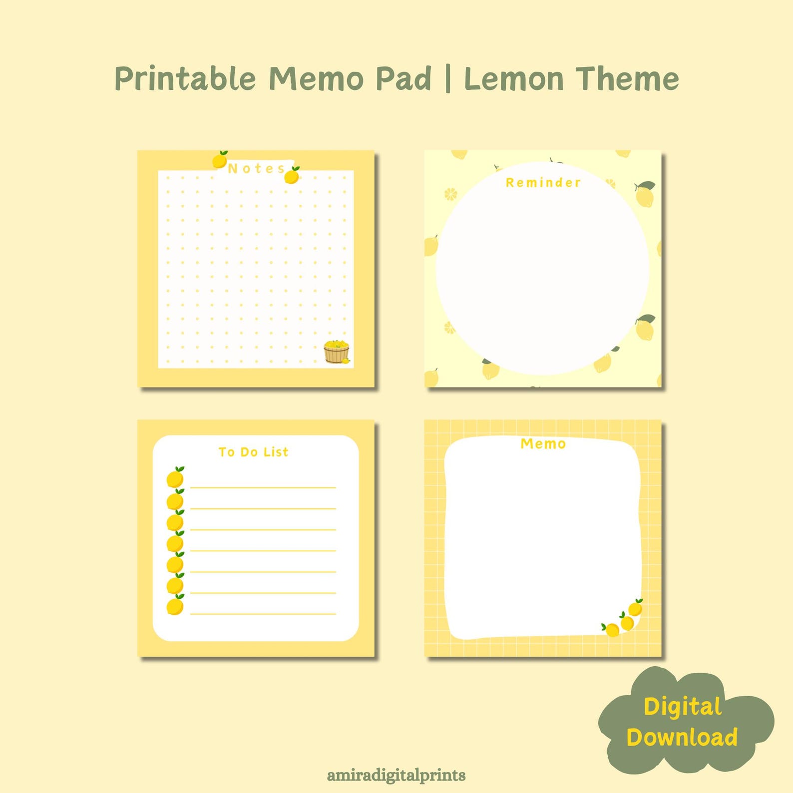 Lemon Memo Pads Printable | Sticky Notes Printable | Notepads Printable ...
