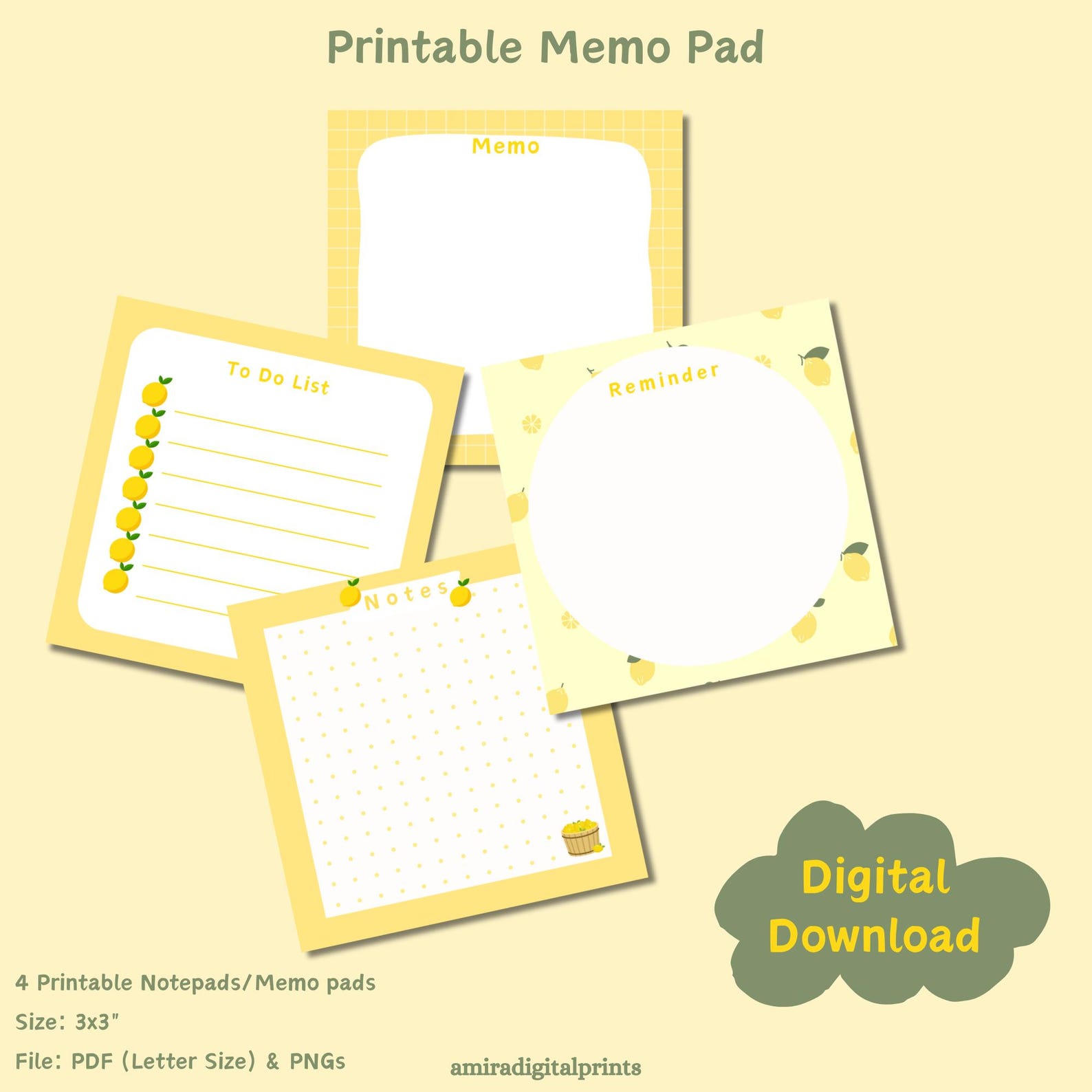 Lemon Memo Pads Printable | Sticky Notes Printable | Notepads Printable ...