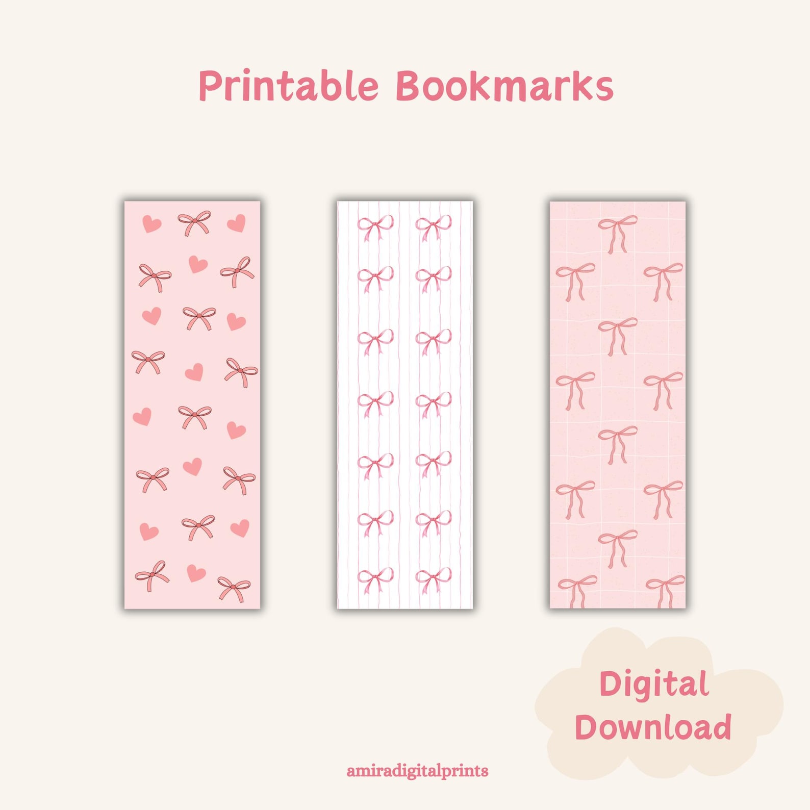 Printable Bookmark | Cute Pink Bookmark | Bow Bookmark | Digital ...