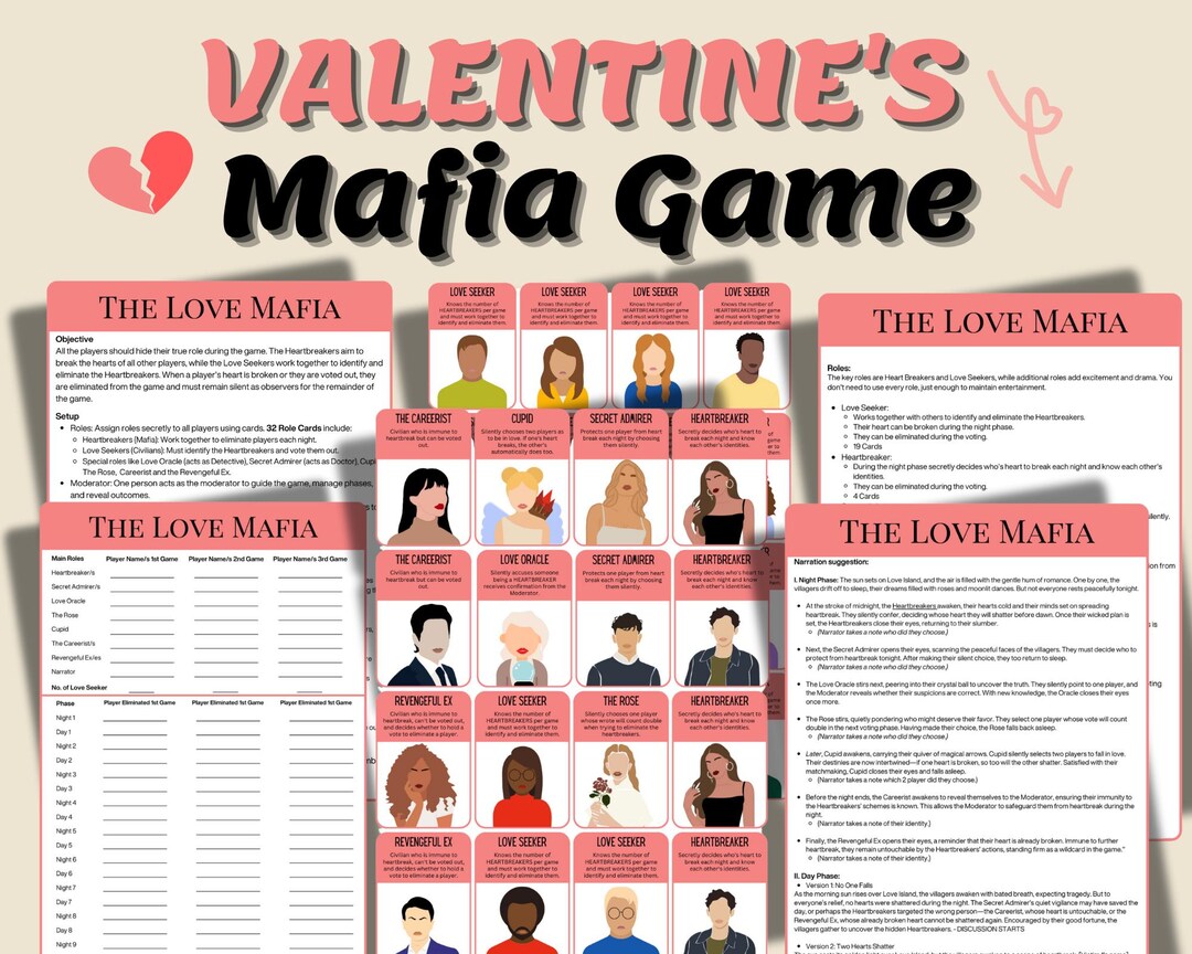 Mafia Cards Valentines Day Printable Mafia Party Cards Valentines Day ...