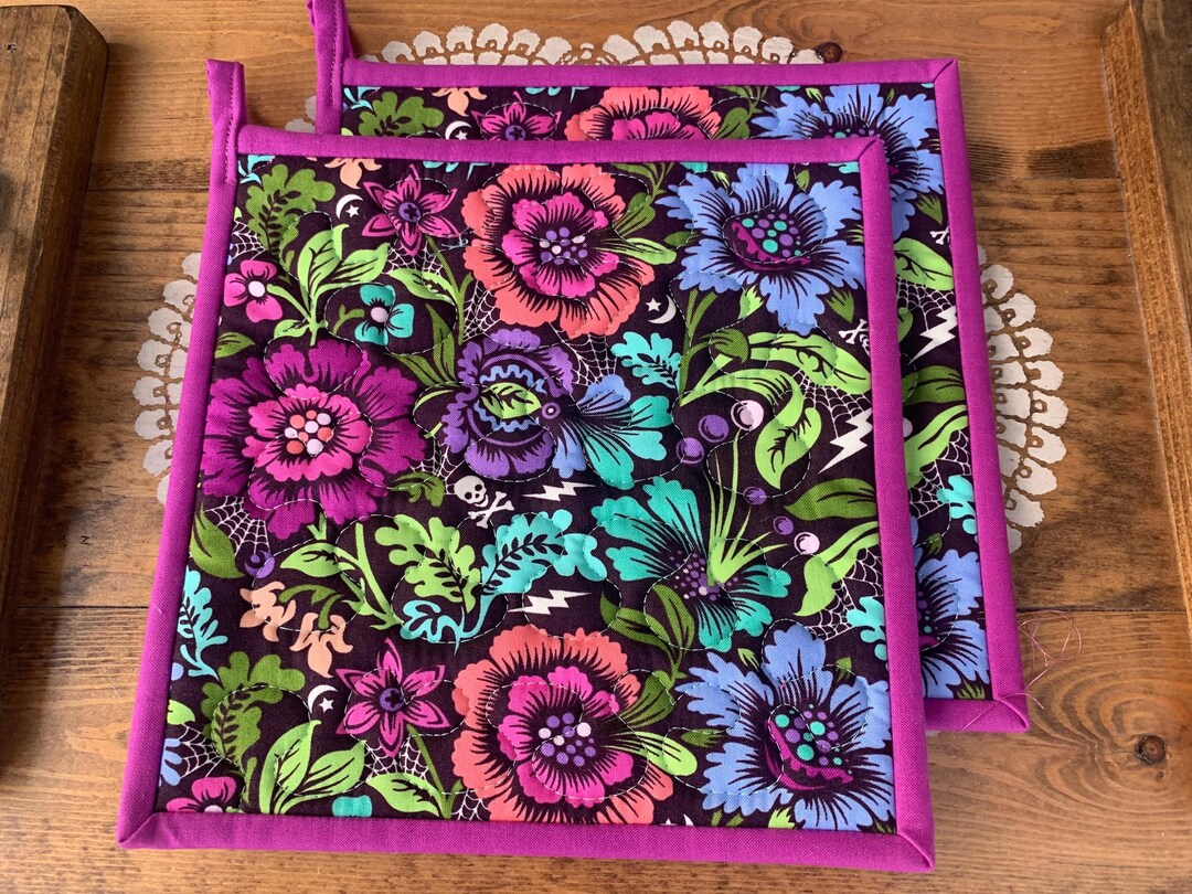 Modern Set of 2 Potholders, Tula Pink Nightshade Hotpads, Spider ...