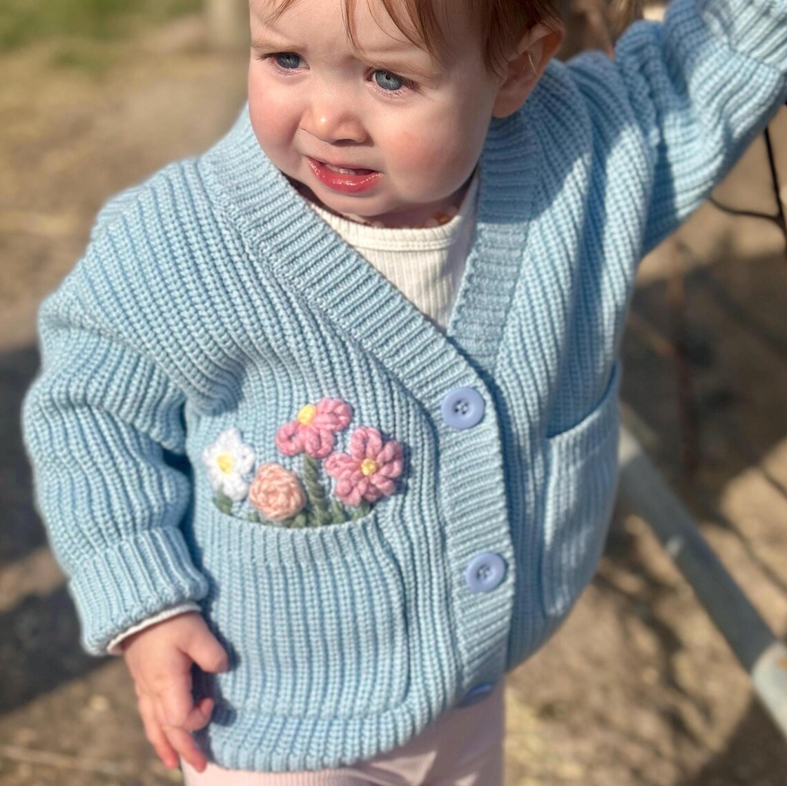 BABY BLUE KIDS Hand Embroidered Cardigan With Pockets, Chunky Knit Kids ...