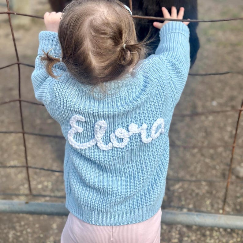 BABY BLUE KIDS Hand Embroidered Cardigan With Pockets, Chunky Knit Kids ...