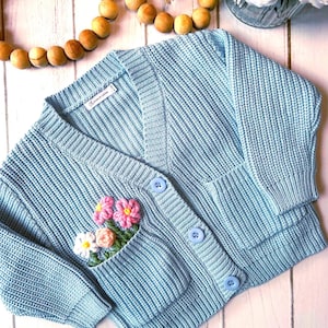 BABY BLUE KIDS Hand Embroidered Cardigan With Pockets, Chunky Knit Kids ...