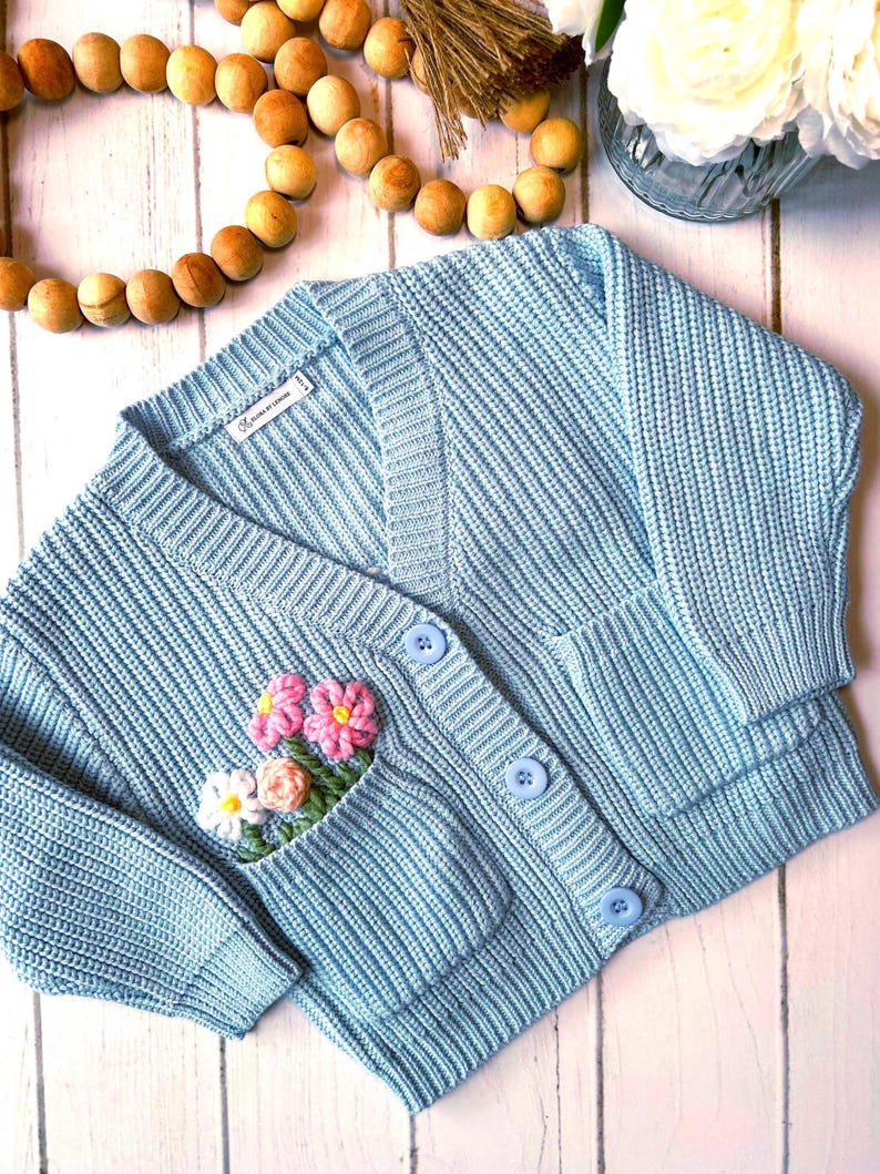 BABY BLUE KIDS Hand Embroidered Cardigan With Pockets, Chunky Knit Kids ...
