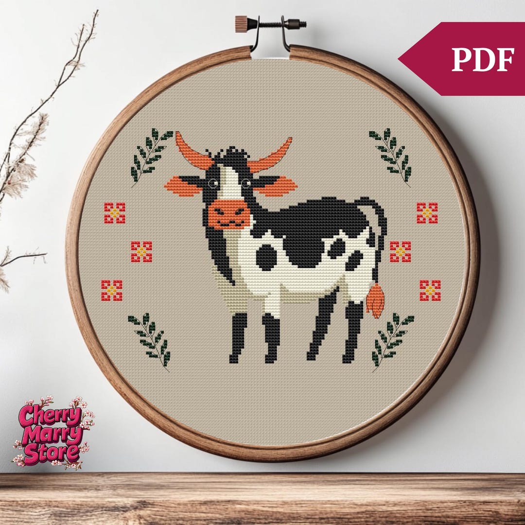Folk Cow Cross Stitch Pattern, Bull Cross Stitch, Farm Embroidery ...