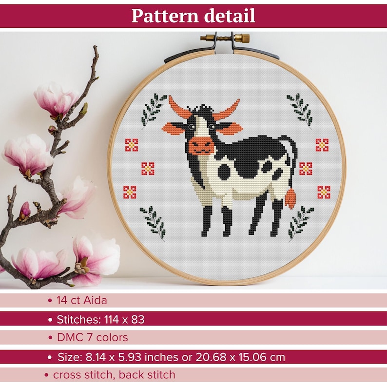 Folk Cow Cross Stitch Pattern, Bull Cross Stitch, Farm Embroidery ...
