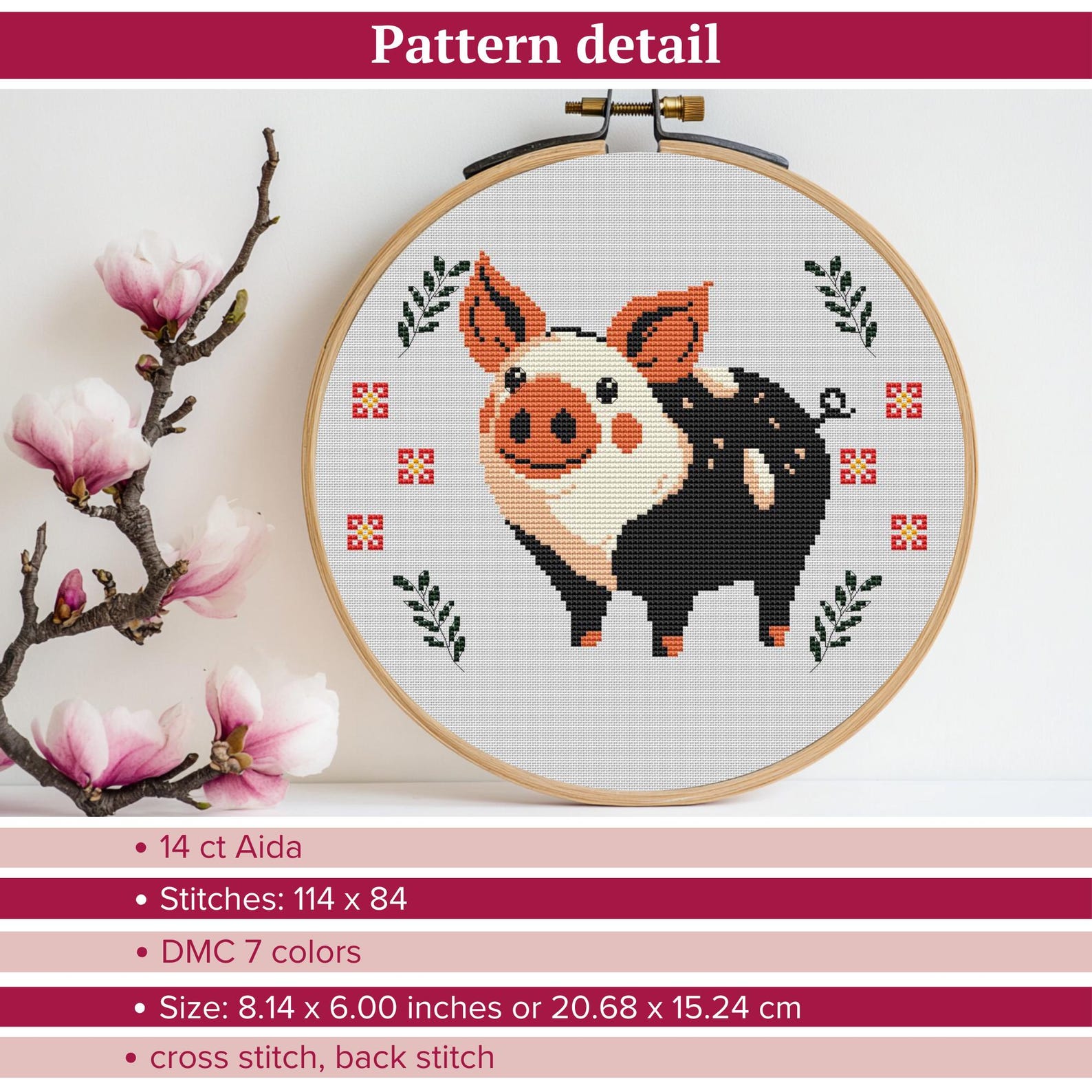 Folk Pig Cross Stitch Pattern, Farm Embroidery Stitch Pattern, PDF File ...