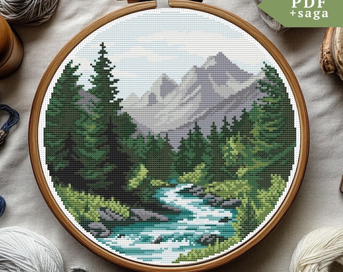 Campfire Cross Stitch Pattern, Hand Embroidery, Mountain Landscape, PDF ...