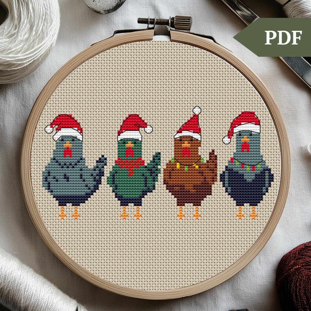 Christmas Chickens Cross Stitch Pattern, Embroidery, Funny Christmas ...