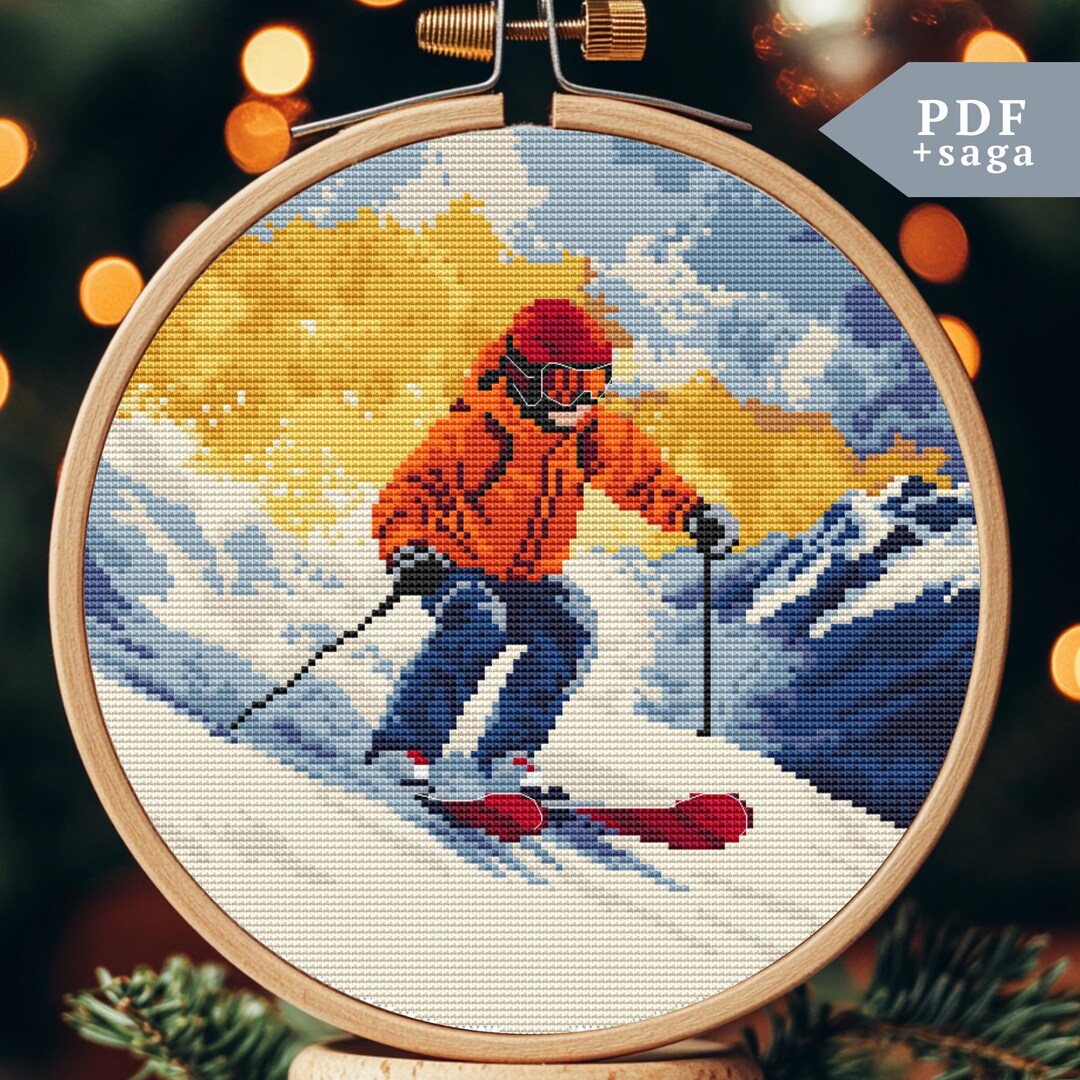Skier Cross Stitch Pattern, Christmas Modern Embroidery Design, PDF ...