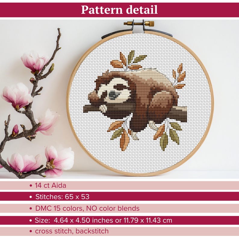 Sloth Cross Stitch Pattern, Cute Sleeping Sloth Mini Embroidery, Modern ...