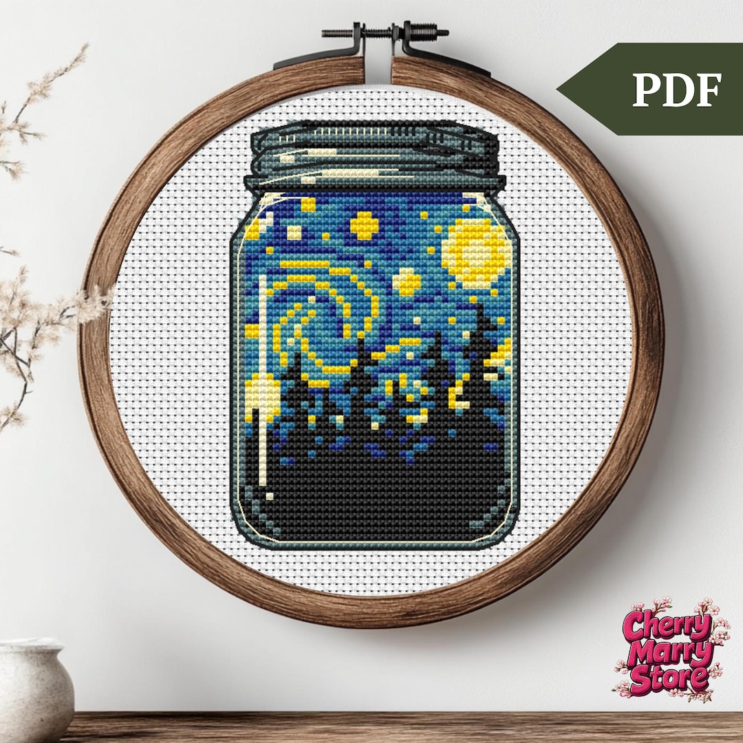 Starry Night in Jar Cross Stitch Pattern, Nature in a Bottle Little ...