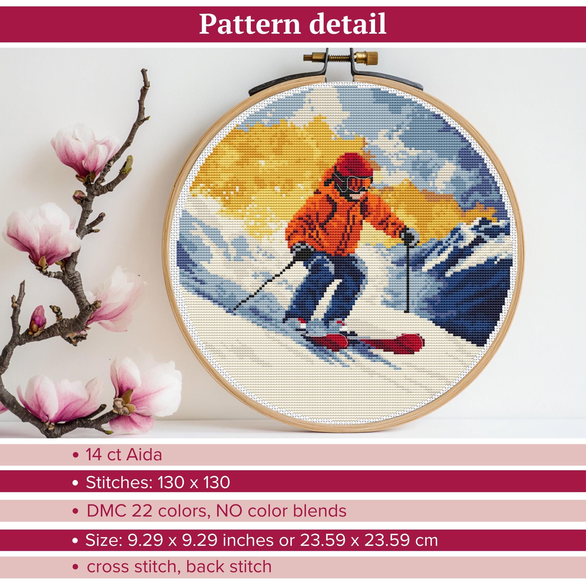 Skier Cross Stitch Pattern, Christmas Modern Embroidery Design, PDF ...