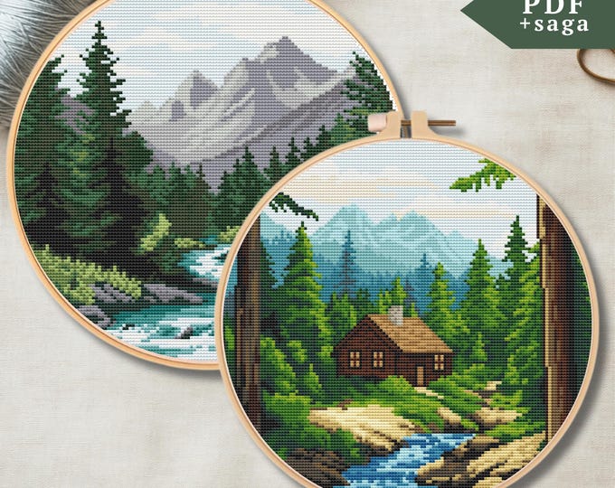 Campfire Cross Stitch Pattern, Hand Embroidery, Mountain Landscape, PDF ...
