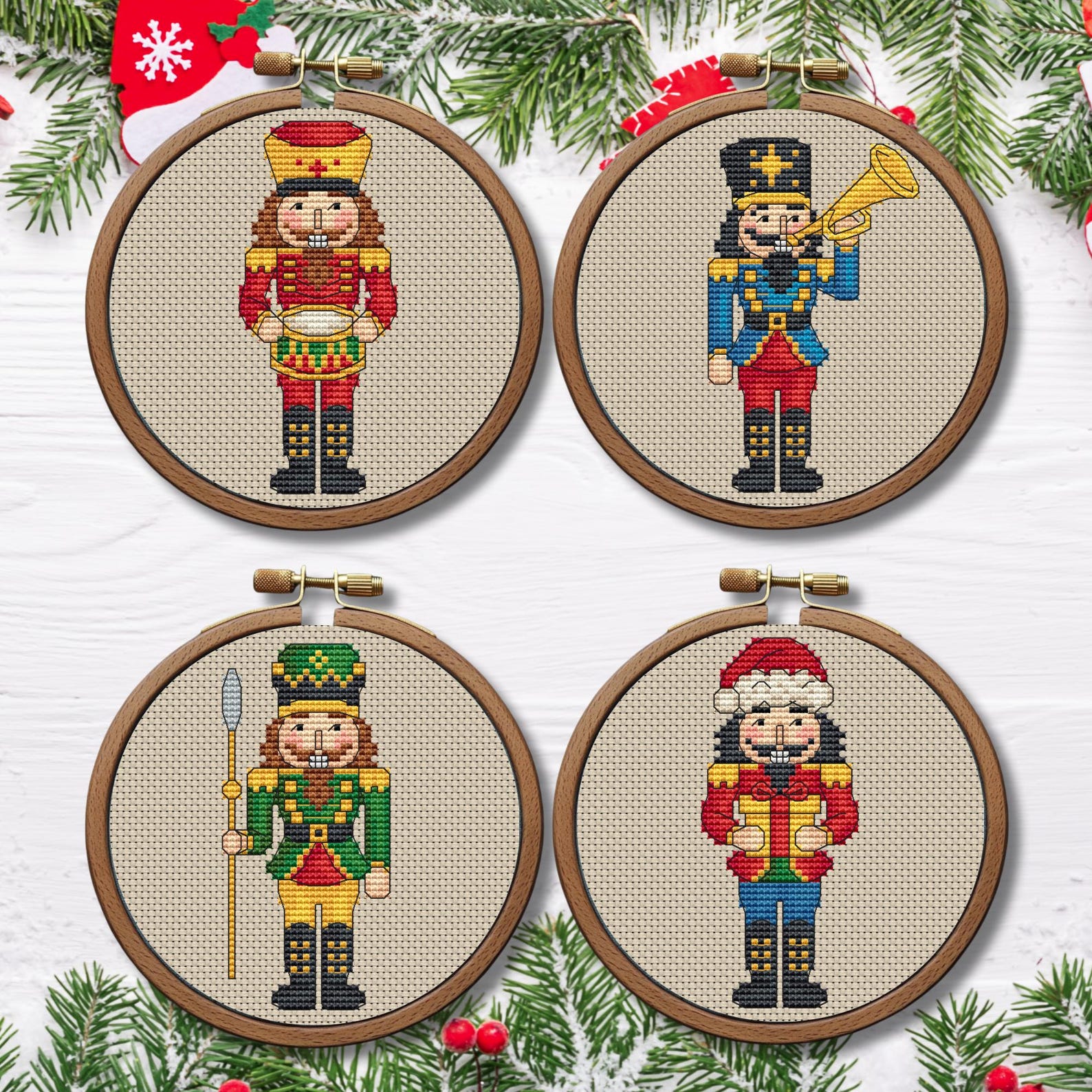 Christmas Nutcrackers Cross Stitch Pattern, Set of 4 Small Embroidery ...