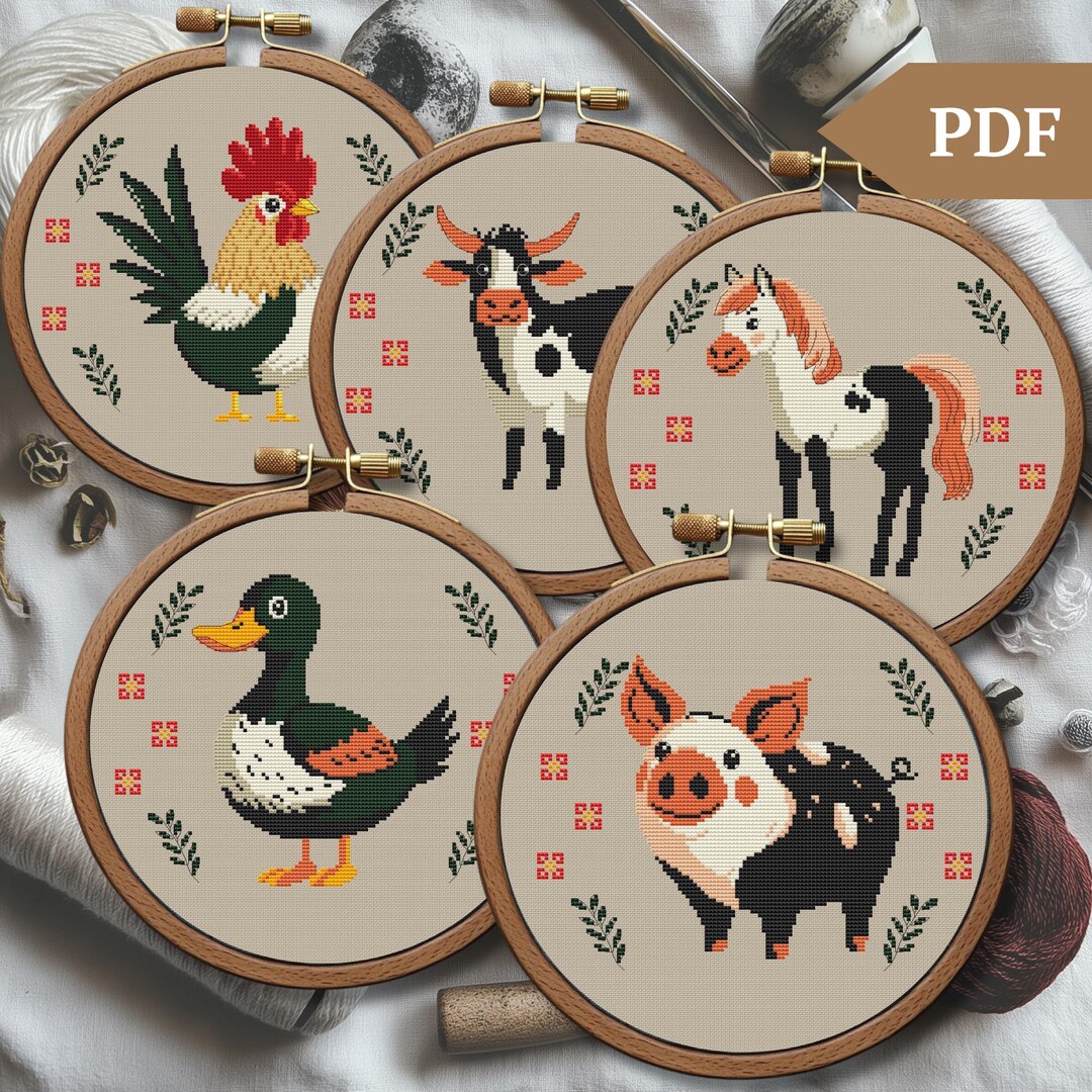 Set of Five Folk Cross Stitch Pattern, Farm Embroidery Design, PDF ...