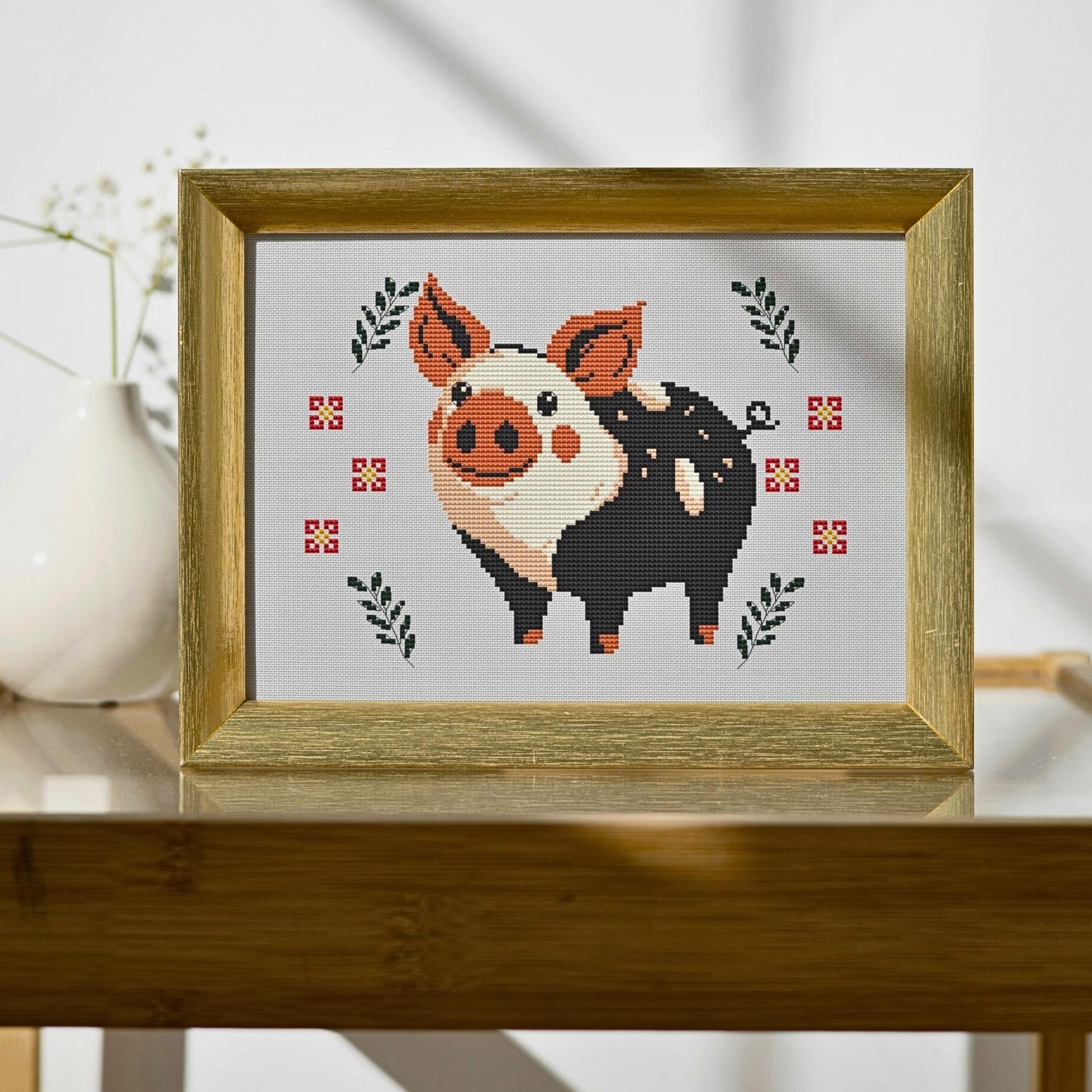 Folk Pig Cross Stitch Pattern, Farm Embroidery Stitch Pattern, PDF File ...