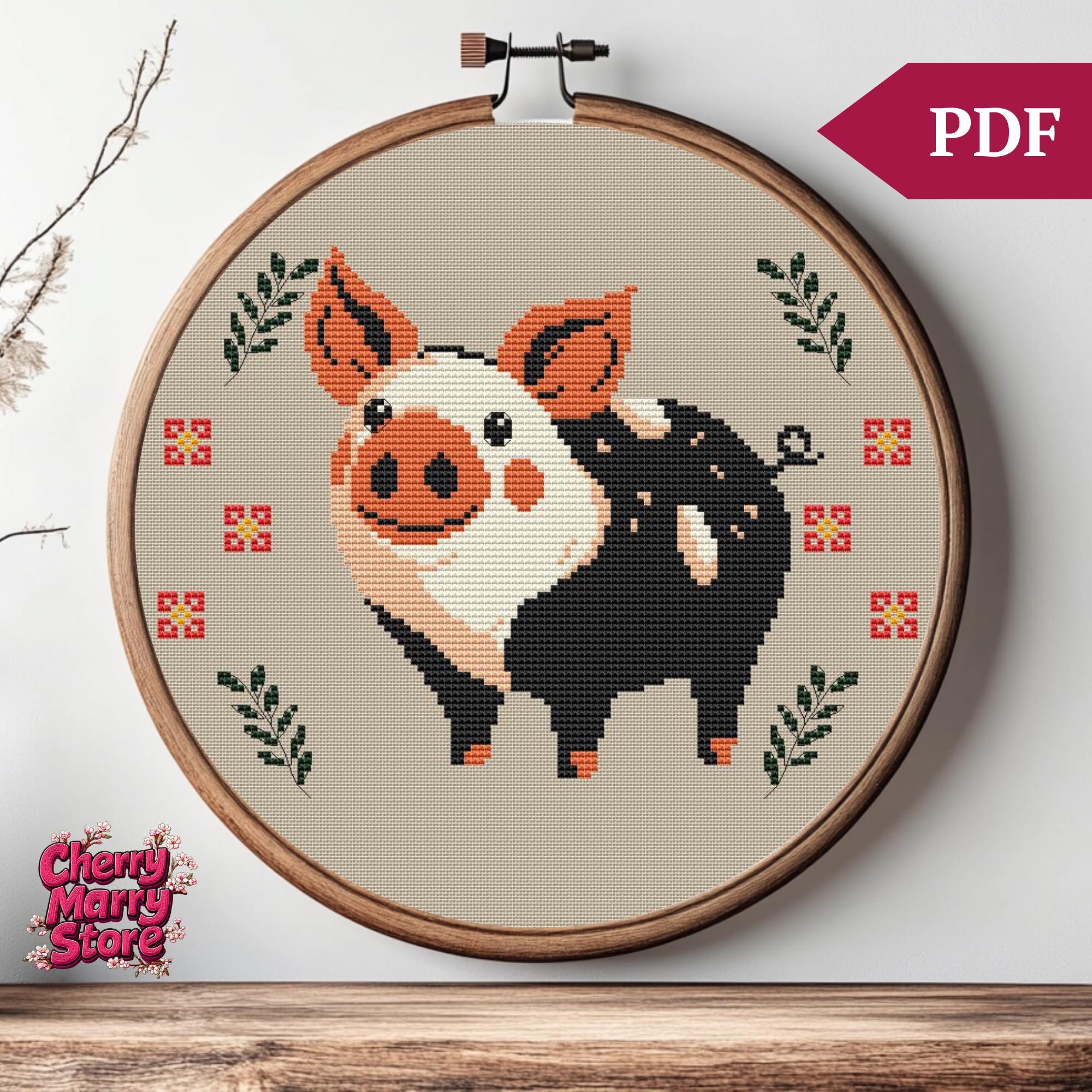 Folk Pig Cross Stitch Pattern, Farm Embroidery Stitch Pattern, PDF File ...
