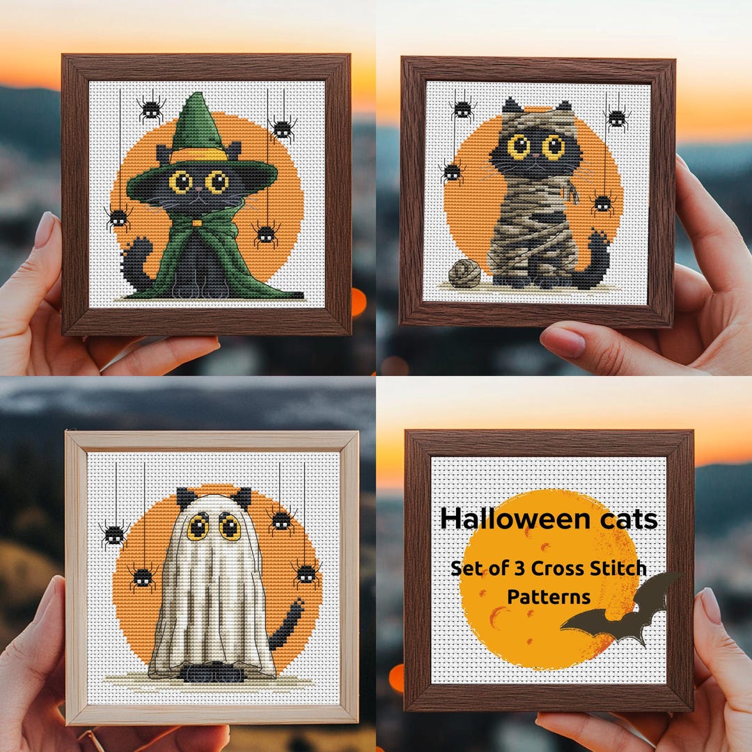 Cat Halloween Cross Stitch Pattern, Set of 3 Embroidery, Wizard, Spooky ...