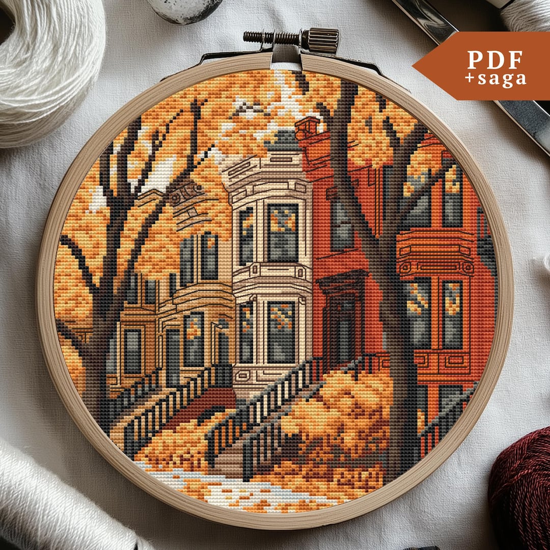 Autumn Street Cross Stitch Pattern, Hand Embroidery, Xstitch PDF, SAGA, Fall Cross Stitch Chart ...