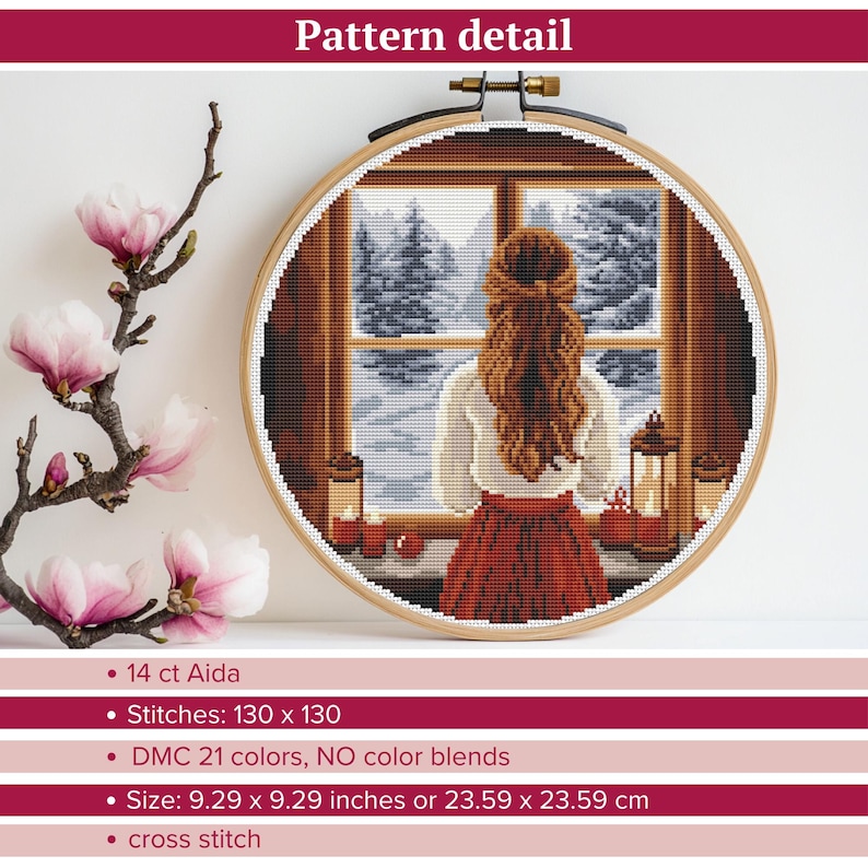 Girl by the Window Cross Stitch Pattern, Christmas Embroidery Design ...