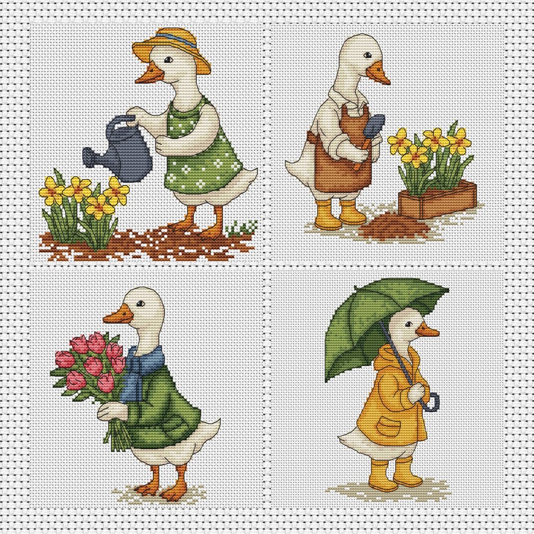 Geese Cross Stitch Pattern, Set of 4 Embroidery, Spring, Flowers ...