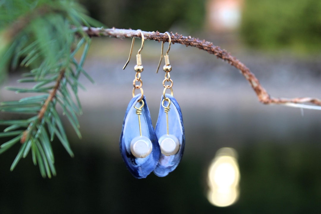 Handmade Blue Muscle Sea Shell and Pearl Earrings - Natural Alaskan Sea ...