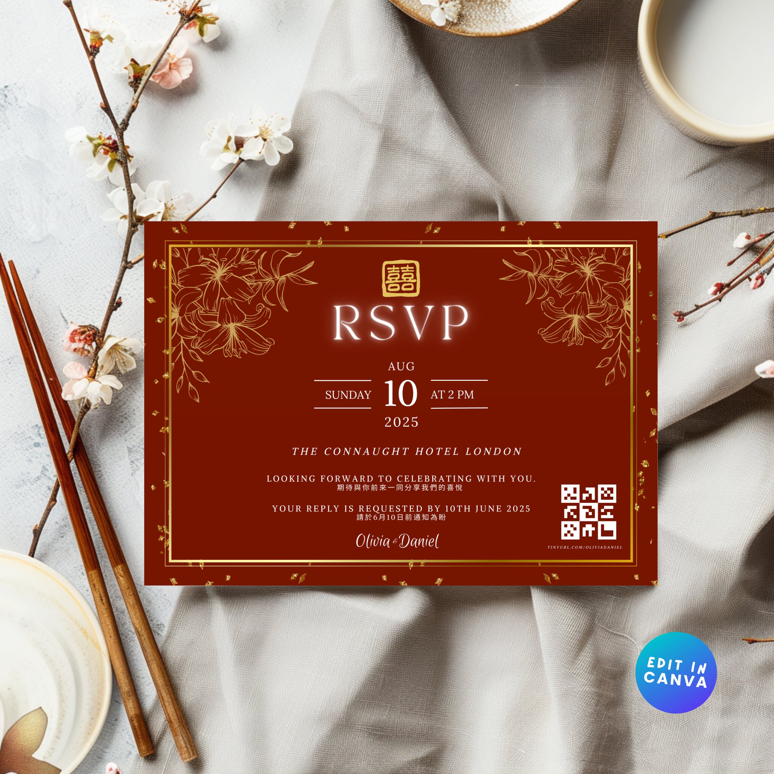 Bilingual Oriental Wedding Templates, Editable Chinese Wedding ...