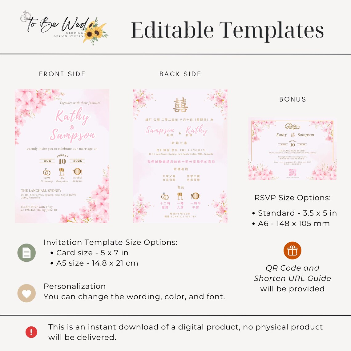 Editable Asian Wedding Invitation, Bilingual Oriental Wedding Templates ...