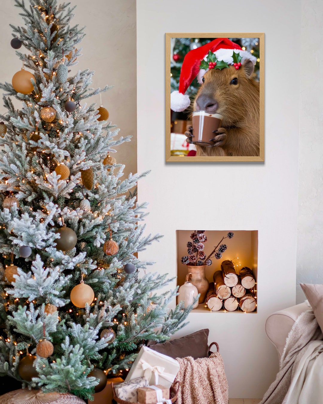 Capybara Wall Art, Cute Capybara Santa Claus Drinking Chocolate ...