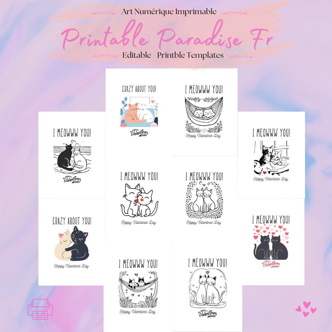 10 Printable Valentine's Day Cards, Cat Theme, Digital Download, I Love ...