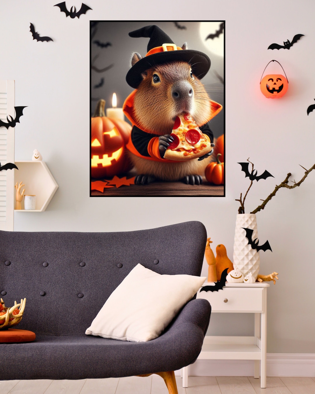 Capybara Wall Art, Cute Capybara Halloween Eats Pizza, Capybara Art ...