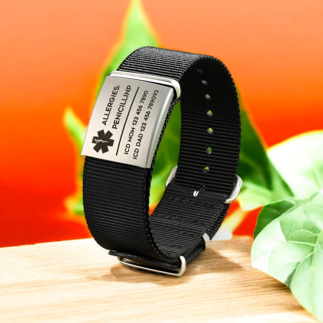Custom Medical Alert Bracelet - Personalized Nylon Band ID Bracelet ...
