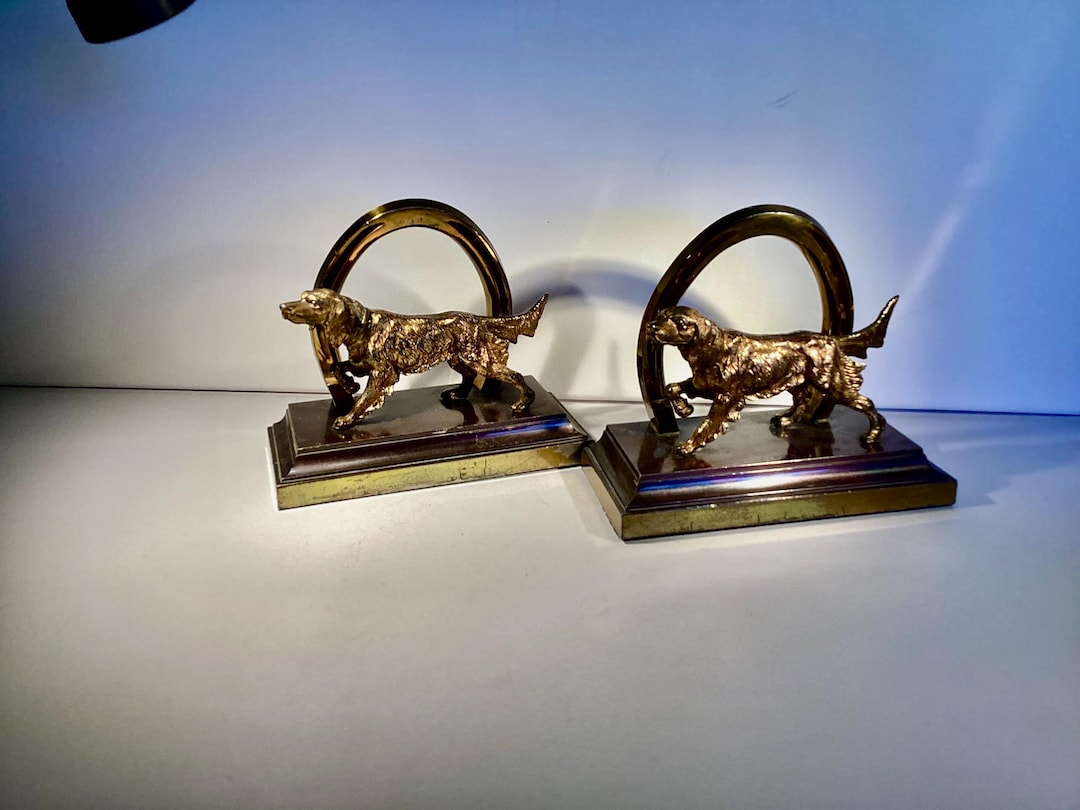 Brass Irish Setter Bookends Vintage Dog Horseshoe Figurines Home and ...