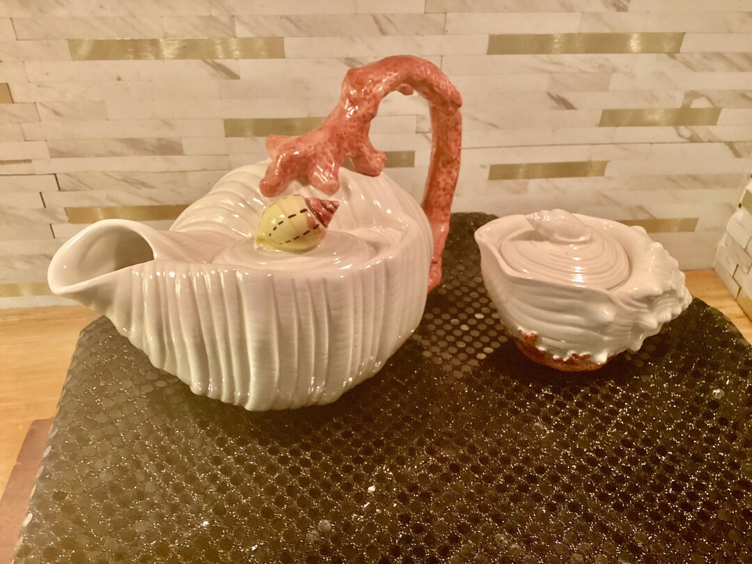 Shell Teapot Sugar Bowl Set Fitz and Floyd Hand Painted Nautical Home ...