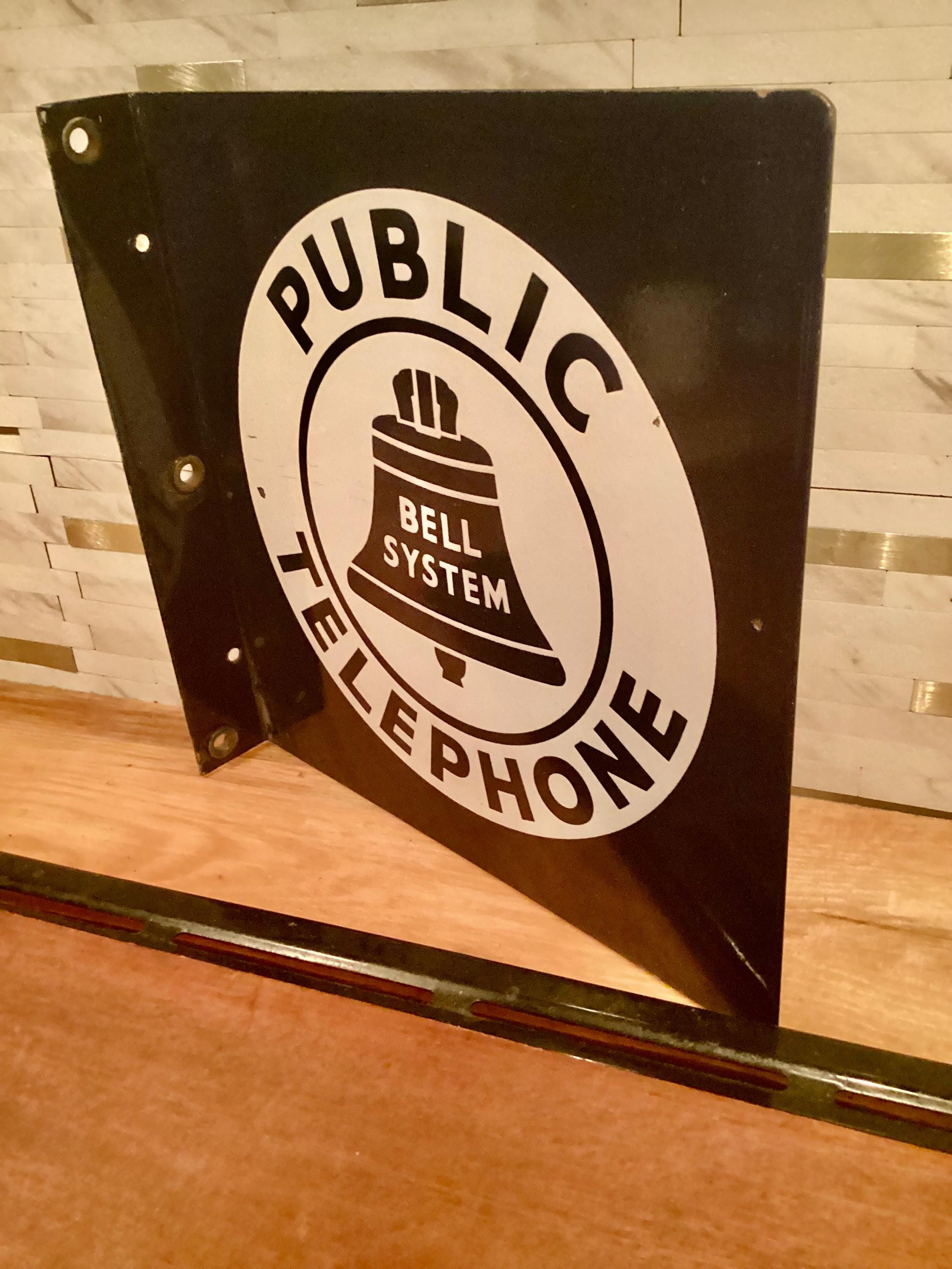 Public Telephone Sign Bell System Flanged Porcelain Double Sided Man ...